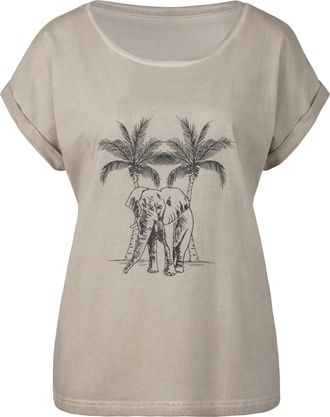 Vivance Damen T-Shirt mit Frontdruck mit Elefant und Palmen, modischer Wascheffekt, legere Passform, aus hautfreundlicher Baumwoll-Jersey