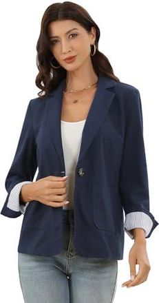 Allegra K Blazers en Coton et Lin pour Femmes Style Business Casual Veste de Travail &agrave; Un Bouton Tailleur de Bureau Bleu Marin S