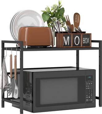 HOMCOM Mikrowellenregal erweiterbares 2-Stufig Mikrowellen Regal mit 3 Haken Küchenregal Stehend Küchen Organizer Mikrowellenständer Mikrowellenhalter Küchen