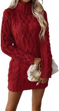 ORANDESIGNE Robe Pull Femme Automne Hiver Mini Robe Tricot&eacute; &agrave; Col Haut Robe Mi-Longue Chandail Pull A Vin Rouge XS