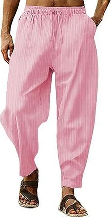 Generic Pantalon en lin pour homme - Blanc - Ray&eacute; - Pantalon de loisirs - Respirant - Pantalon de yoga baggy - Avec poches - Pantalon chino avec &eacute;lastique - P