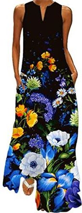 Ocean Plus Femmes Jupe Longue sans Manches Col V Robe Florale Imprimée Maxi Robe sans Manches avec Col en V (L, Blauviolette Blumen)