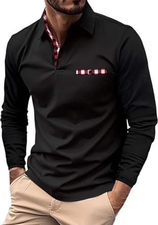 Generic Polo &agrave; manches longues pour homme - Mat&eacute;riau en coton d&eacute;contract&eacute; avec poche sur la poitrine, d&eacute;tail col &agrave; boutons classique, coupe confortable adapt&eacute;