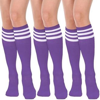 Dreshow 3 Paires Chaussettes Hautes pour Femmes Chaussettes Montantes Longues sous Genoux Mi-bas à Triple Rayure Extensible