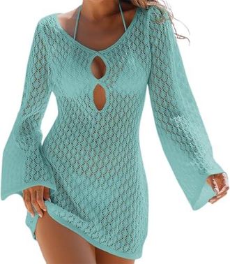 Generic Cache-maillot de bain en crochet pour femme - Robe d&eacute;t&eacute; sexy &agrave; col en V et manches cloches longues en maille - Robe d&eacute;t&eacute; boh&egrave;me pour vacances de plage