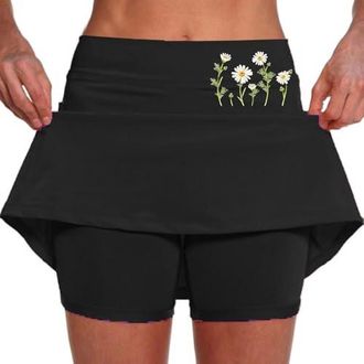 Generic Jupe-short de yoga &eacute;lastique pour femme, couleur unie, short de tennis athl&eacute;tique, l&eacute;ger, contr&ocirc;le du ventre, jupes &agrave; imprim&eacute; floral, Noir, 4XL