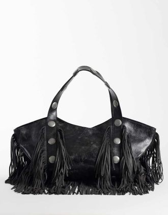 I.AM.GIA Chroma - Oversize-Schultertasche aus strukturiertem Kunstleder in verwaschenem Schwarz mit Nieten- und Fransendetail