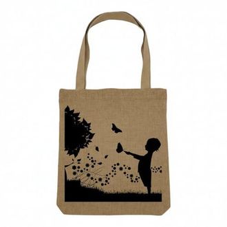 Fabulous Sac Shopping Tote Bag Aspect Lin - Silhouette Enfant et Papillons dans un Pr&eacute; Fleuri Dessin - Sac de Courses Toile Epaisse 360g Beige Naturel Cabas Po