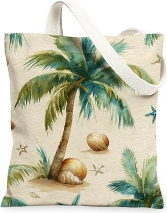 Generic Sacs fourre-tout en toile de palmier tropical, motif plage vintage, sacs d&eacute;picerie r&eacute;utilisables, l&eacute;gers et lavables, beige, 13x15 Inch