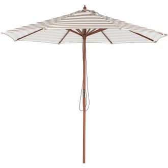 Beliani Parasol de Jardin ou de Terrasse &agrave; Rayures Beiges et Blanches avec Pied en Bois, Diam&egrave;tre 260 cm Toile Anti uv et Ouverture Facile avec Corde Beliani