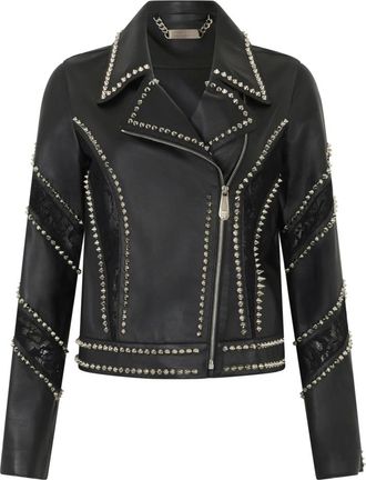 Philipp Plein Femme, Vestes, Noir, Taille: 40 FR Blouson de motard avec empi&egrave;cements en dentelle
