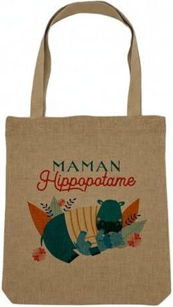 Fabulous Sac Shopping Tote Bag Aspect Lin - Maman Hippopotame et son B&eacute;b&eacute; Dessin Illustration - Sac de Courses Toile Epaisse 360g Beige Naturel Cabas Port&eacute; Epa