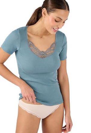 Damart T-Shirt Manches Courtes Fine C&ocirc;te Guipure Thermique Thermolactyl Femme Vert Taille 42-44 (M)