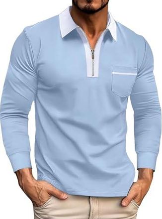 Generic Polo pour homme avec fermeture &eacute;clair 1/4 - L&eacute;ger et respirant - Manches longues - Pour printemps et automne - Confortable, bleu clair, 3XL