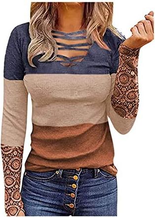 Generic 2026 Veste tunique &agrave; manches longues et col en V pour femme avec coutures en dentelle et d&eacute;coupe sur le devant, automne/hiver, bleu, XXL