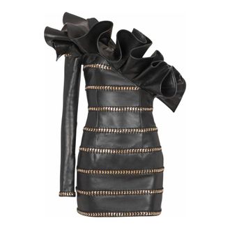 Balmain Femme, Robes, Noir, Taille: 36 FR Asymmetric leather bodycon dress with chains