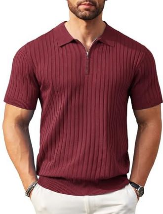 Coofandy Polo décontracté à Manches Courtes en Tricot avec Fermeture éclair pour Homme Coupe Classique, Rouge vin, XX-Large