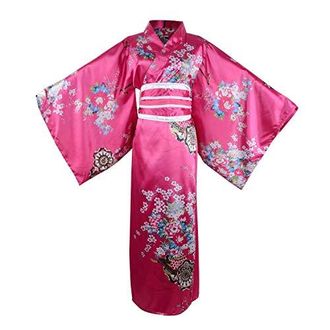 Generic Costume kimono long pour femme, motif floral, geisha japonaise, yukata, robe de robe Obi ceinture peignoir, rose rouge, Taille unique