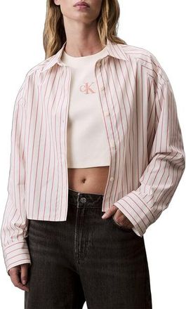 Calvin Klein kurzes und gestreiftes kastenf&ouml;rmiges Hemd - Beige