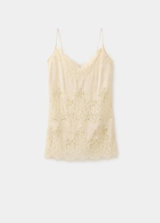 Mango Top col V dentelle &eacute;cru - Femme - S - MANGO