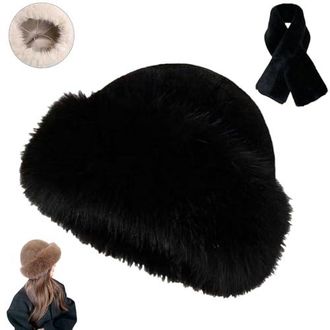 Generic Womens Winter Faux Fur Bucket Hat,Thick Furry Warm Fisherman Cap,Fluffy Soft Faux Mink Plush Mongolian Hat for Outdoor (Black)