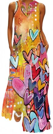 Ocean Plus Damen Ärmelloser Langer Rock V-Ausschnitt Bedrucktes Blumenkleid Ärmelloses Maxikleid mit V-Ausschnitt (3XL, Liebe)