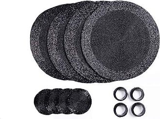Penguin Home Set von 12 Tischsets mit Glasperlen, Untersetzer und Serviettenringe - Schwarze Farbe - Runde Tischsets - Handgefertigt von erfahrenen indischen Handw