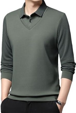 Generic Chemise deux pièces à revers rayé pour homme - Col en V - Manches longues - Pull à rayures contrastées - Pour lautomne et lhiver, Vert, XL