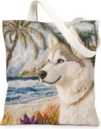 Generic Sac fourre-tout fantaisie en toile motif chien husky 33 x 38,1 cm, sac d&eacute;picerie r&eacute;utilisable pour femme, peinture danimaux domestiques, d&eacute;coration ca