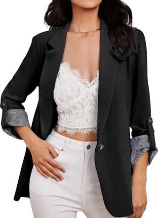 Generic Blazers pour femme - Blazer d&eacute;contract&eacute; ouvert sur le devant - Cardigan habill&eacute; &agrave; manches r&eacute;glables - Veste &agrave; un bouton avec poches pour femme, Noir, 