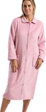 Marlon Womens Sabrina Button Through Embossed Fleece Dressing Gown Peignoir, Tourbillon de Rose, L Femme