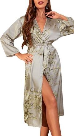 Feoya Robe de chambre en satin doux pour femme - Robe de nuit longue en soie - Col en V, gris, L