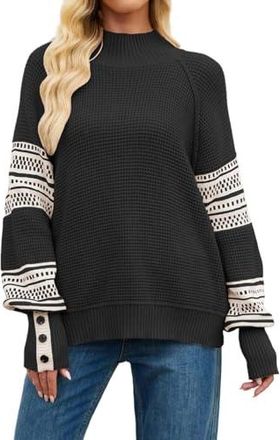 Generic 2026 Printemps Femmes Pull Hiver Tricot Col Roul&eacute; D&eacute;contract&eacute; Design Artiste Confortable Chaud Mode Haut pour un usage quotidien, Noir, XL