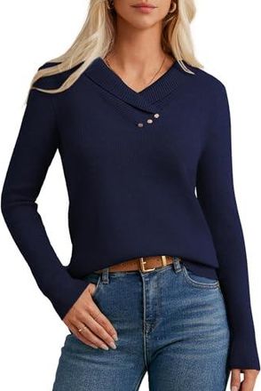 Grace Karin Pull en tricot d&eacute;contract&eacute; pour femme - Manches longues - Coupe ample - &Eacute;l&eacute;gant - Col en V, bleu fonc&eacute;, XL