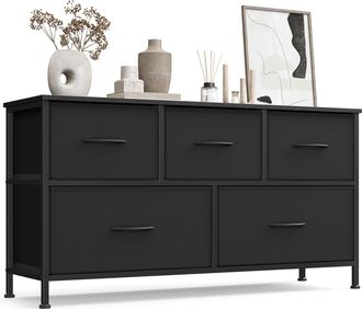 Songmics Kommode, Schrank, 5 Stoffschubladen, Aufbewahrungsschrank, Stahl, MDF, Vliesstoff, f&uuml;r Schlafzimmer, Flur, Wohnzimmer, tintenschwarz-ebenholzschwarz L