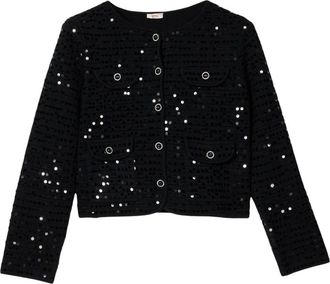 Oltre Femme, Pulls, Noir, Taille: 44 FR Cardigan boxy &agrave; sequins