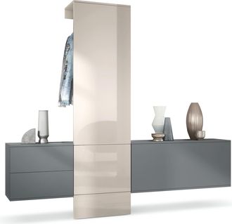 Vladon Garderobe Carlton Set 1, Made in Germany, Flur-Garderobe aus Deko-paneel, Schubladen-Kommode & Schuhschrank, Anthrazit matt/Sandgrau Hochglanz (209 x 