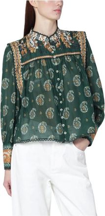 Farm Rio Farm Rio, Femme, Blouses et Chemises, Vert, Taille: 38 FR Tayla Chemisier &agrave; Manches Bouffantes Boutonn&eacute; en Dentelle