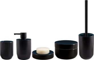 Spirella Badezimmer Set, 5-teiliges Badzubeh&ouml;r aus Steinzeug Jaro Seifenspender, WC B&uuml;rste, Seifenschale, Aufbewahrungsdose und Zahnputzbecher Schwarz/Petrol