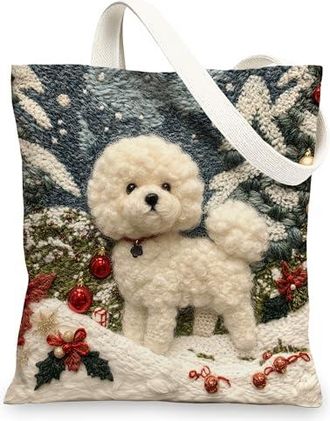 Generic Sac fourre-tout en toile r&eacute;utilisable motif bichon fris&eacute; de No&euml;l pour faire du shopping 33 x 38,1 cm, motif arbre de No&euml;l, sac d&eacute;picerie r&eacute;utilisable 