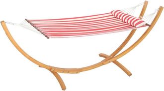 OUTSUNNY Hamac sur pied en bois - 1 place - bois teinte teck toile 100% coton rouge blanc ray&eacute;e