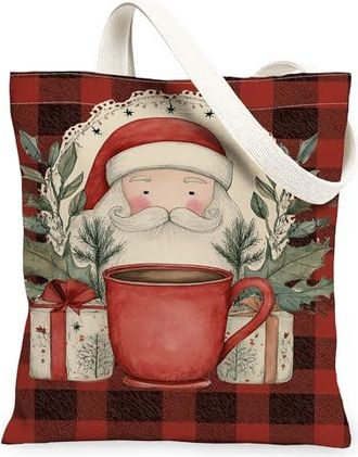 Generic Sacs fourre-tout en toile motif P&egrave;re No&euml;l - R&eacute;utilisables - Motif floral rustique - L&eacute;ger - Lavable - Pour voyage, pique-nique - 33 x 38 cm