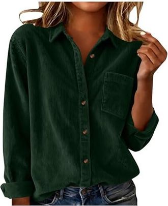 Generic Chemises en velours c&ocirc;tel&eacute; pour femmes &agrave; manches longues avec col boutonn&eacute;, amples, style boyfriend, vestes, vestes avec poche, Vert, 3XL