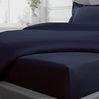 Sleepdown Spannbetttuch, 100% Baumwollsatin, weich, gemütlich, 40 cm, extra tief, Fadenzahl 300, Luxus-Bettwäsche, Bettwäsche, Marineblau, Super King Size