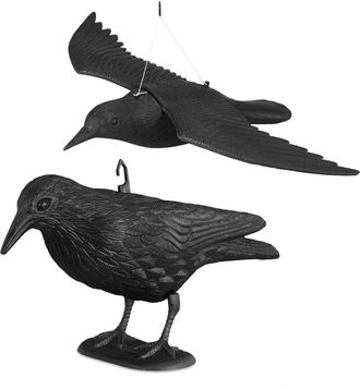Relaxdays 2X Taubenschreck Krähe, Dekofigur als Vogelscheuche, stehende und Fliegende Figur für Taubenabwehr, Gartenfigur, schwarz
