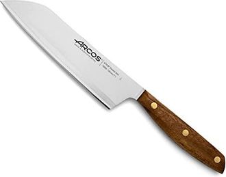 Arcos Couteau Santoku en Acier Inoxydable pour Poisson, Viande et Légumes - Manche en Bois dOvengkol 100% Naturel, Lame de 190 mm - Couleur Marron, Série No