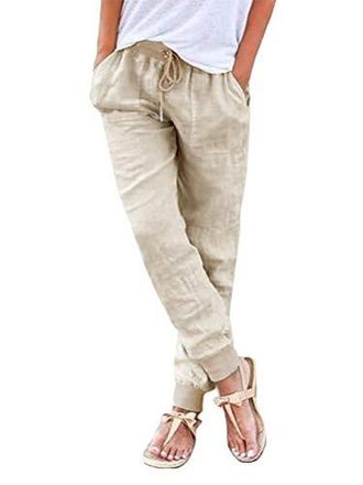 ORANDESIGNE Femme Été Décontractée Coton Lin Ample Pantalon Léger Cordon Élastique Solide Couleur Pantacourt Sport Pants 7/8 Longueur Pants (XX-Large, Beige)
