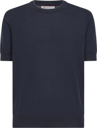 Brunello Cucinelli Homme, Tops, Bleu, Taille: 2XL T-shirt &agrave; col rond en maille