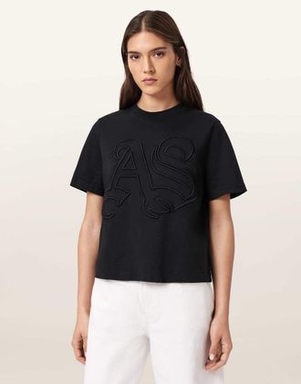 AllSaints Lisa - T-Shirt in Schwarz mit Pr&auml;gung