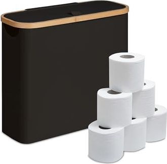 Relaxdays Toilettenpapier Aufbewahrung, 12 Rollen, HBT: 38 x 43 x 17 cm, Stoff, Bambus, Klopapier Korb, Vorrat, schwarz
